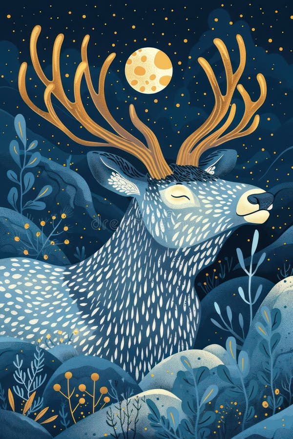 Majestic Blue Deer Under Night Sky with Full Moon Stock Illustration ...