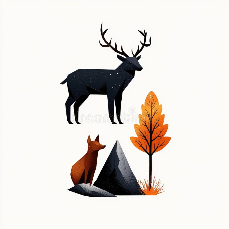 Stylized Deer and Fox with Trees White Background Stock Illustration ...
