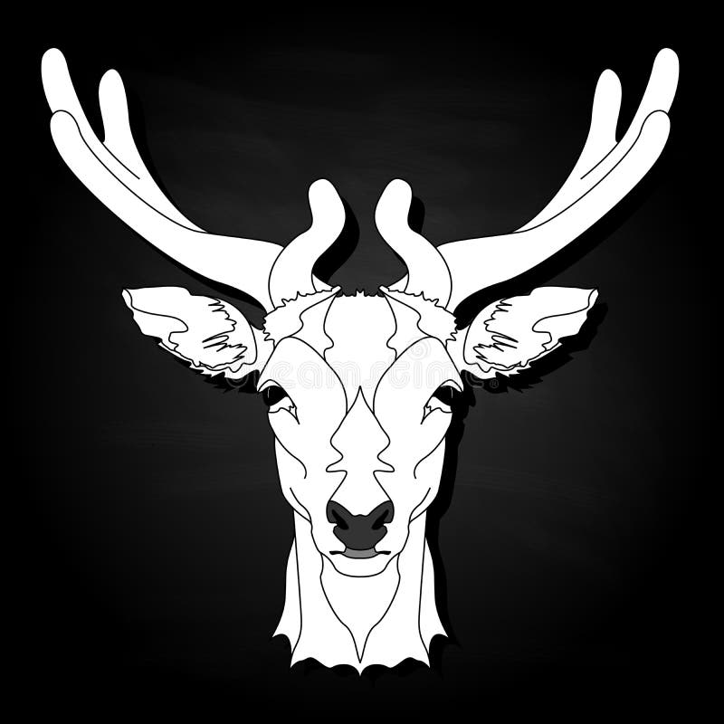 Stylized Deer Head Vector Monochrome Illustration Isolated on Black ...