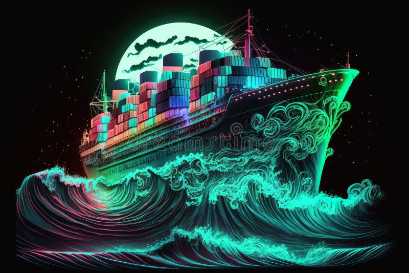 Stylized Depiction of a Cargo Ship Sailing through Neon-colored Waves ...