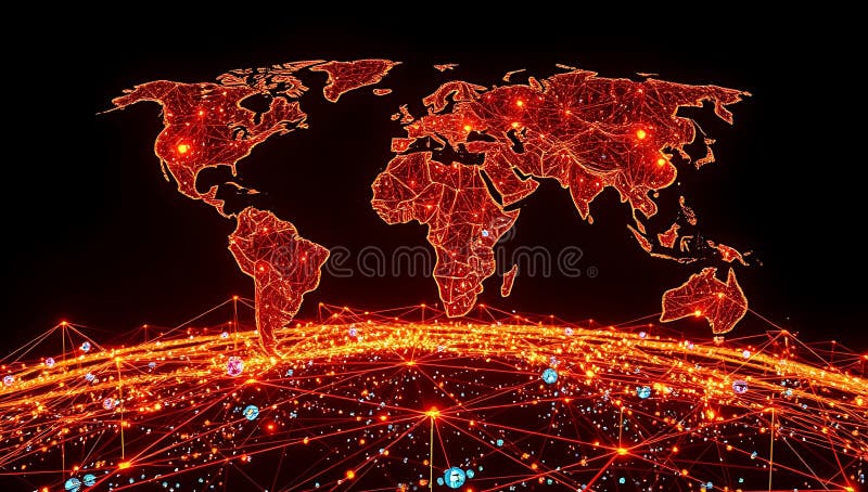 Global Network Connections Illuminated in Fiery Hues Stock Illustration ...