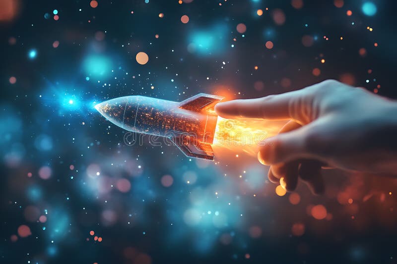 Futuristic Rocket Launch Hand Launching Spaceship in Glowing Nebula ...