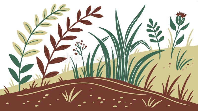 Stylized Depiction of Plants Growing from Textured Ground Vector Design ...
