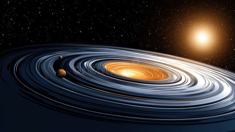 A Stylized Depiction of a Swirling Galaxy with Planets and a Bright ...