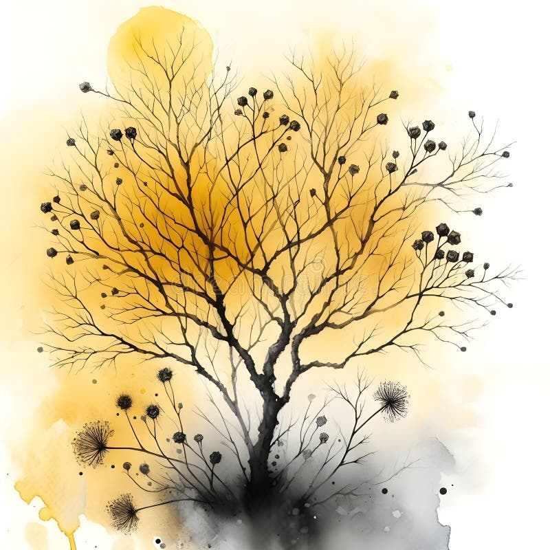 A Stylized Depiction of a Tree with Bare Branches in a Watercol Stock ...