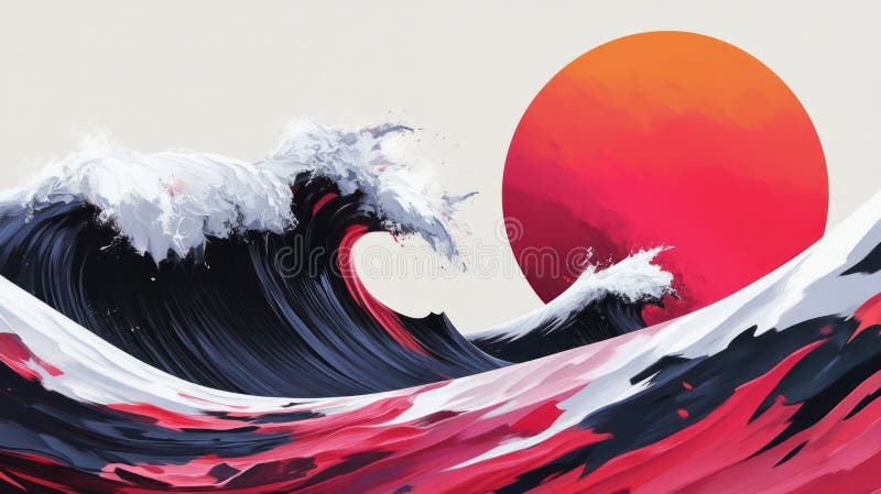 A Stylized Depiction of Waves and a Sun, Showcasing Vibrant Colors and ...
