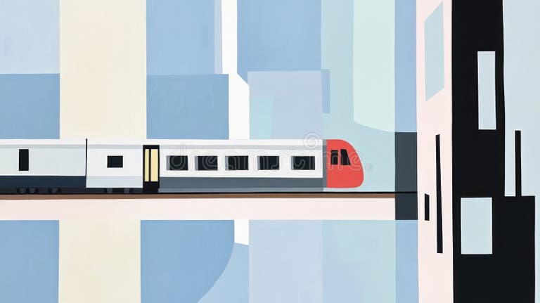 A White Subway Train is Approaching, Surrounded by Design Buildings ...