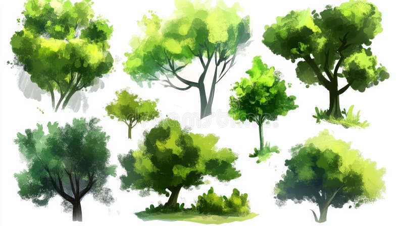 Stylized Depictions of Multiple Tree Species in Green Tones are ...