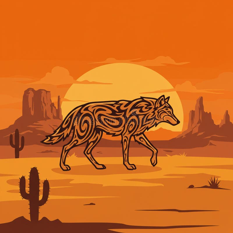 Stylized Desert Illustration Featuring a Wolf with Intricate Tribal ...