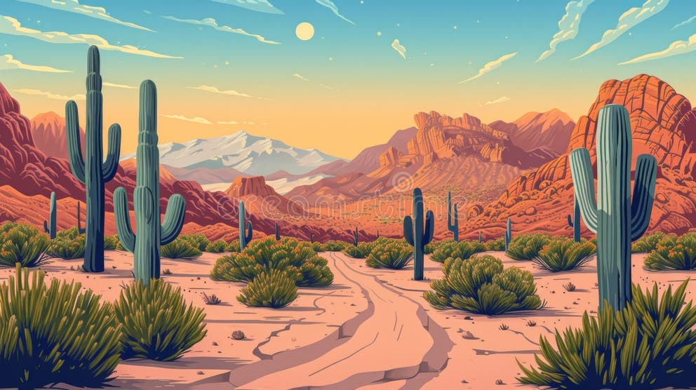 Stylized Desert Landscape with Cacti and Mountain Backdrop at Sunset ...