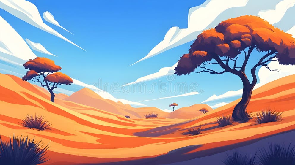 Stylized Desert Landscape with Vibrant Sky and Unique Trees Stock ...