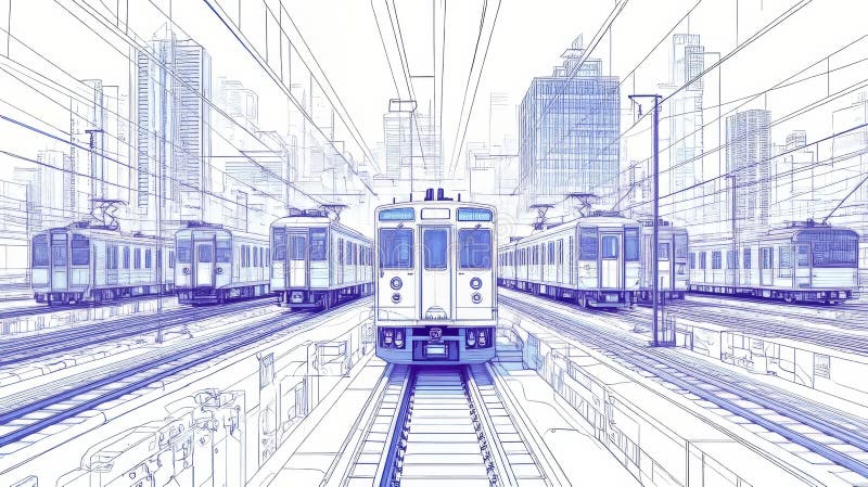 In a Stylized Design, Line Art Depicts a Railway System Stock Photo ...