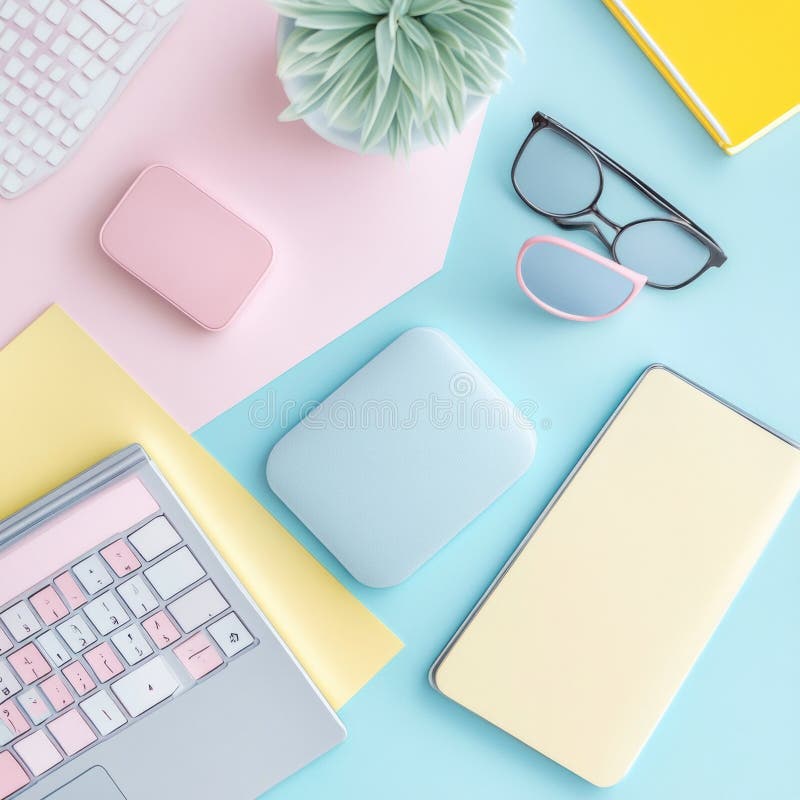 Stylized Desk Setup with Colorful Accessories and a Laptop on a Pastel ...