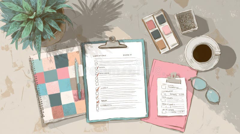 Stylized Desk Workspace with Vision Board, Checklists, Plant, and Mug ...