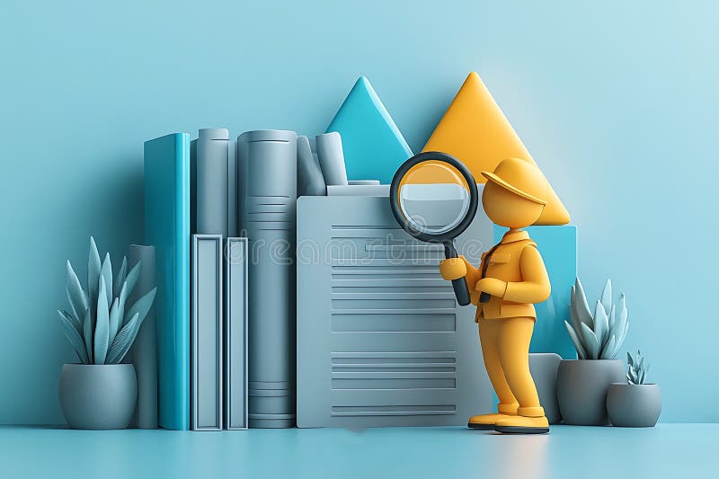 Detective Character Examining Documents with Magnifying Glass and Books ...