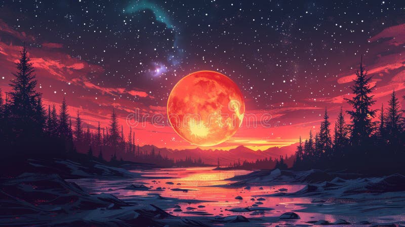 Stylized Digital Art of a Large Red Moon Over a Tranquil River ...