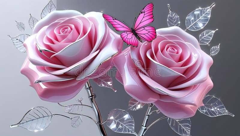 Stylized Digital Artwork of Metallic Pink Roses with White Highlights ...
