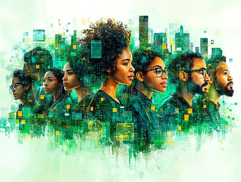 Stylized Digital Artwork with Seven Individuals Faces Arranged ...