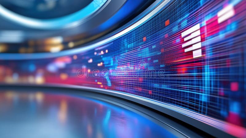 Digital News Studio Background with Curved Screens and Abstract Data ...