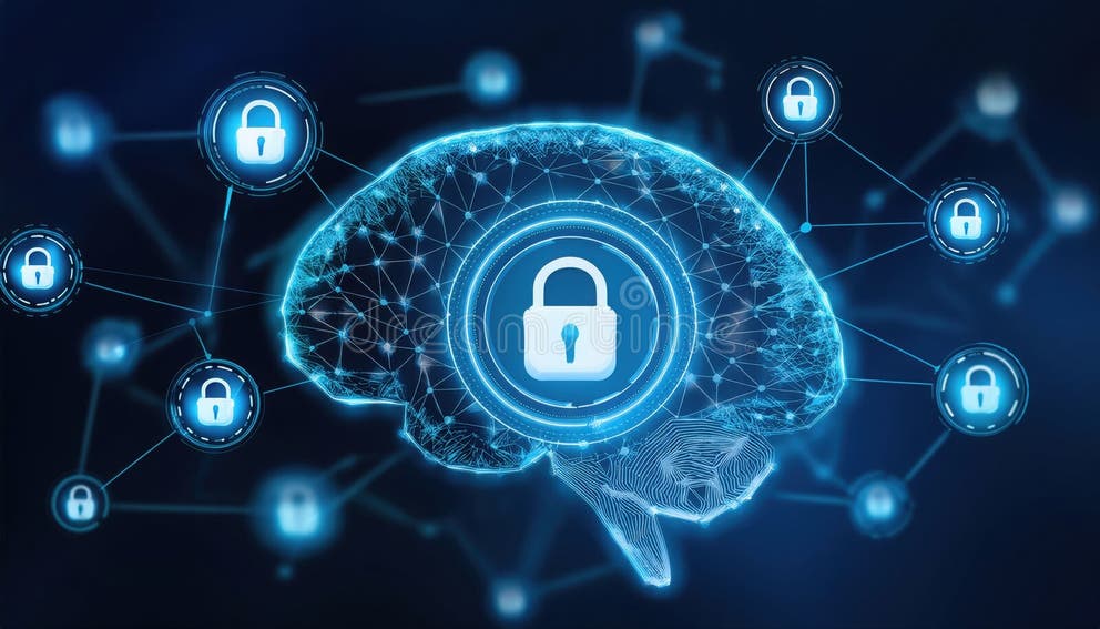 Stylized Digital Brain with Floating Lock Icons Orbiting Highlighting ...