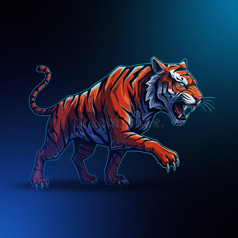 Stylized Digital Illustration of an Aggressive Tiger, Featuring Vibrant ...