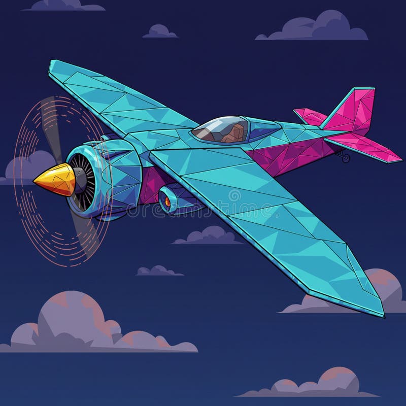 A Stylized, Digital Illustration of an Airplane Flying through a Night Sky. the Aircraft Stock ...