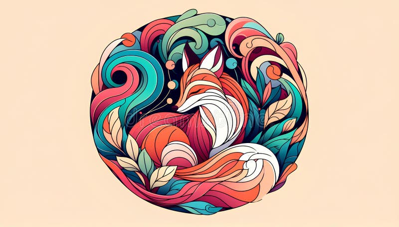 Stylized Digital Illustration Featuring a Fox Surrounded by Sw Stock ...