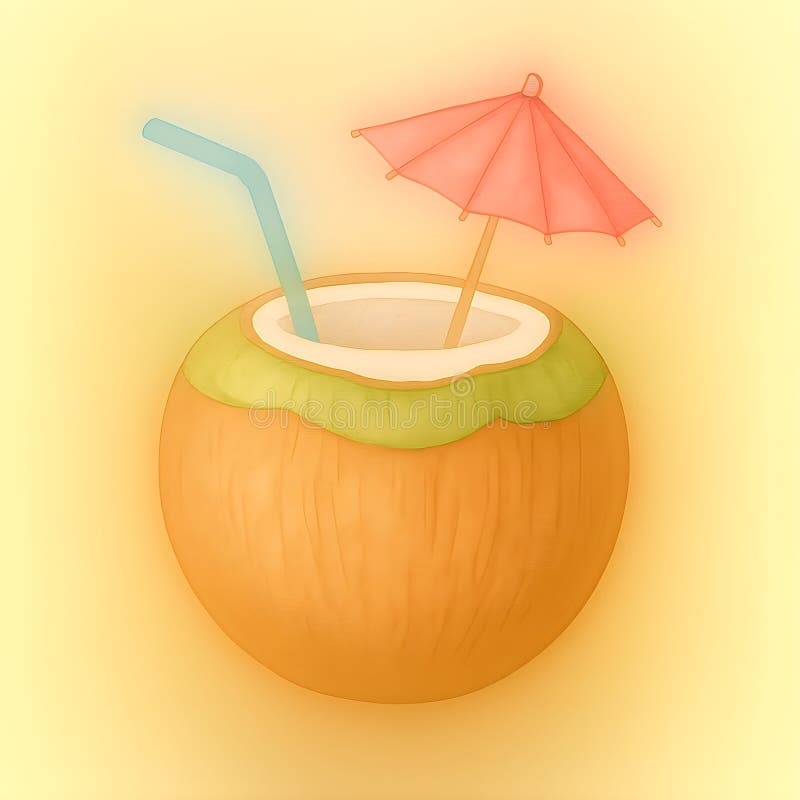 Stylized Digital Illustration of a Refreshing Coconut Drink with Straw ...