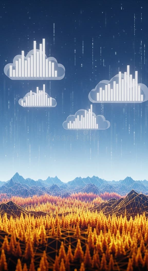 Stylized Digital Landscape Dark Blue Sky Abstract Data Rain Cloud Bar ...
