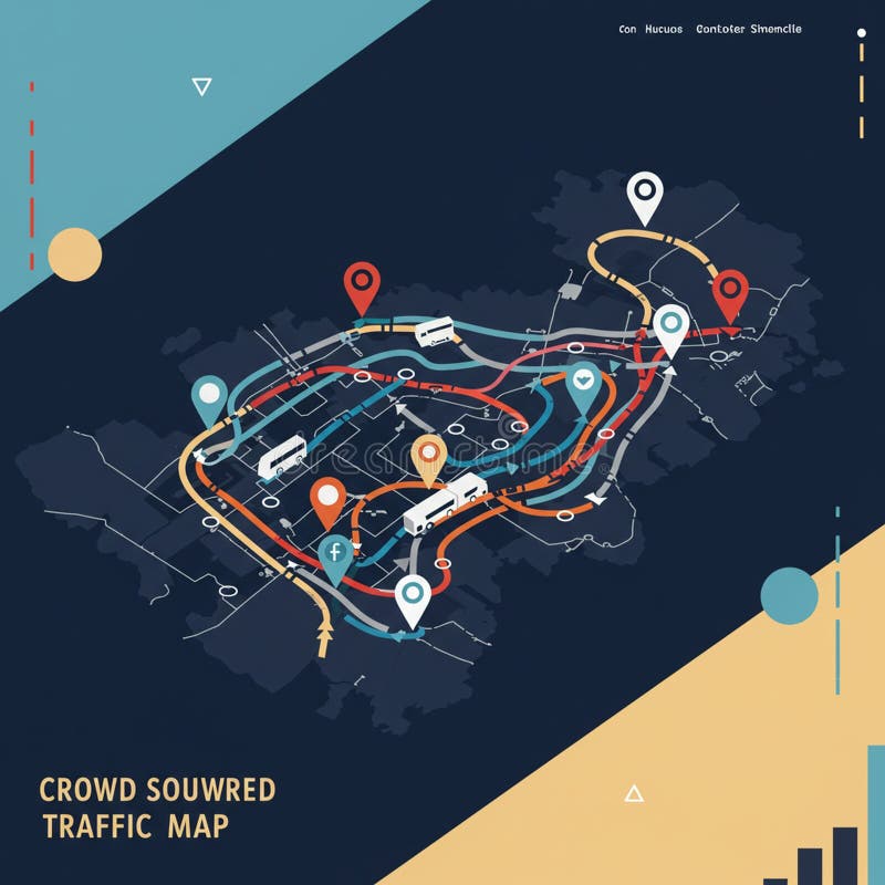 Stylized Digital Map Featuring Color-coded Routes, Pinpoint Markers ...