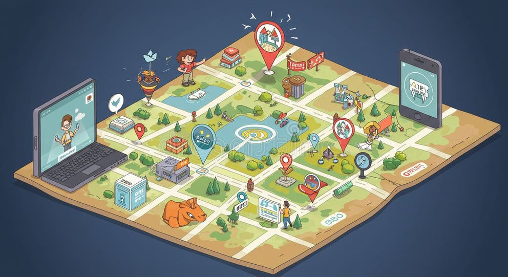 Stylized Digital Map Interface with a 3D Layout, Featuring Icon-like ...