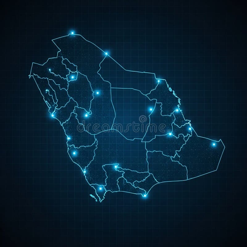Map of Saudi Arabia with Glowing Cities on Dark Background Stock ...