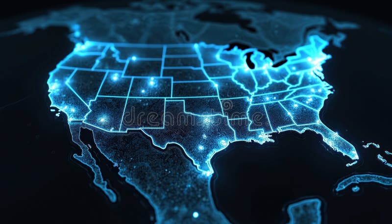 Stylized Digital Map of USA, Blue Neural Pathways, Illuminated Cities. Tech-forward ...