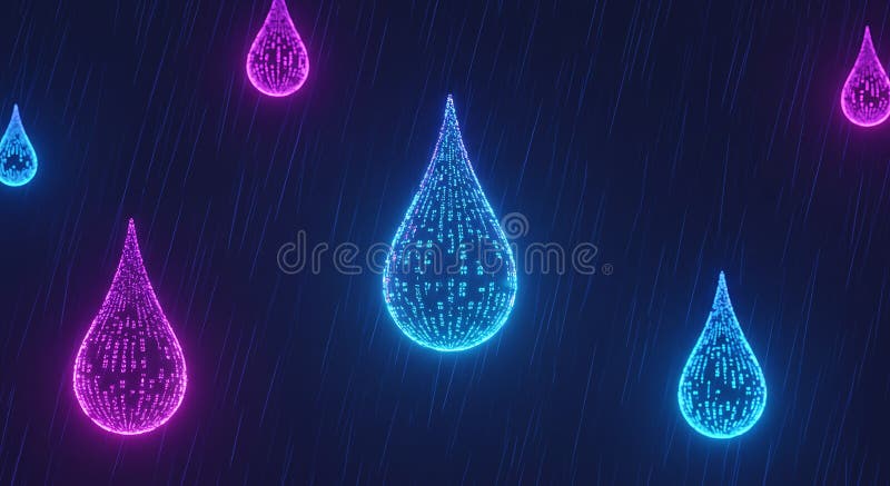 Stylized Digital Raindrops in Blue and Pink Tones Float Against a Dark ...