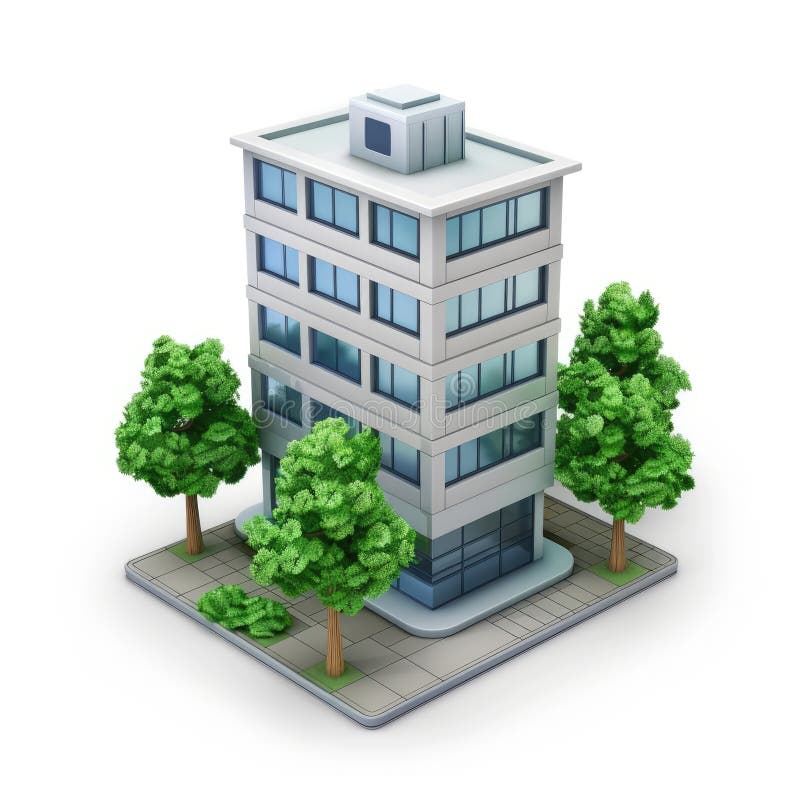 Modern Office Building with Green Trees, Isometric View Stock ...