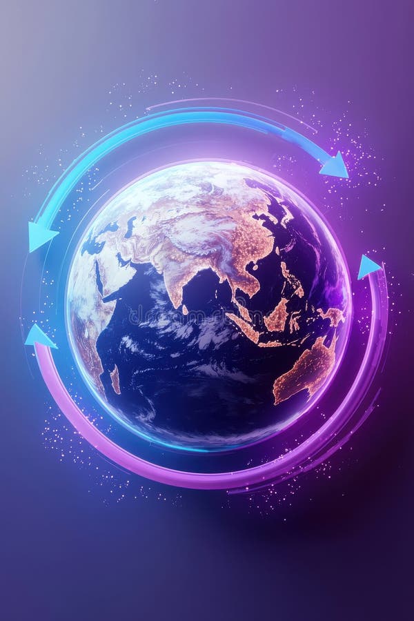 Stylized Digital Visualization of Earth with Neon Arrows and Vibrant ...