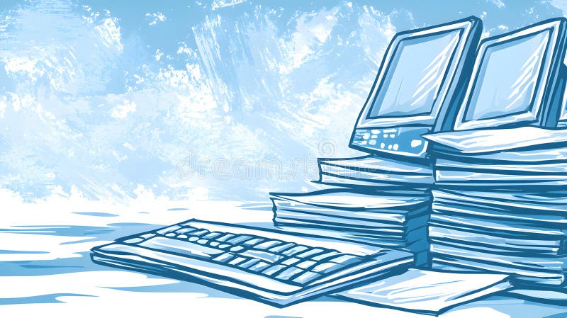 Stylized Digital Workspace with Paperwork and Computers Stock Photo ...