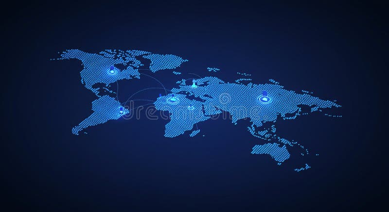 Stylized Digital World Map on a Dark Blue Background, Composed of Small ...
