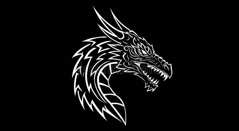 Stylized Dragon Head in White with Intricate Tribal Patterns Against a ...