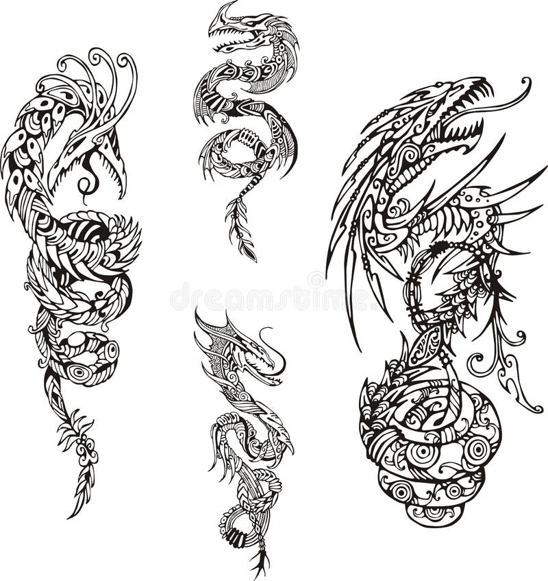 Stylized Dragon Spiral Tattoos Stock Vector - Illustration of evil ...