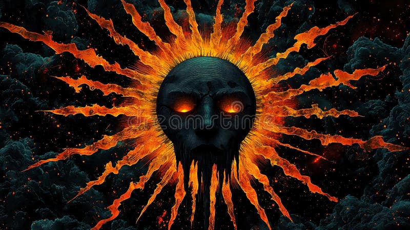 Stylized Drawing of an Aggressive Sun with a Dark Face and Fiery Rays ...