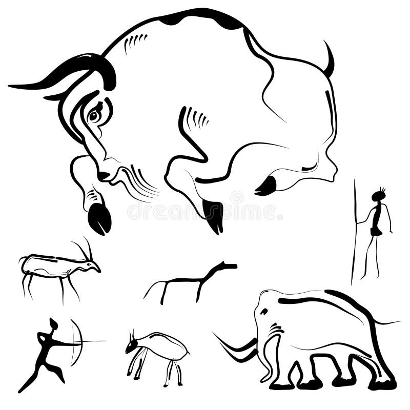 Stylized Drawings of Prehistoric Animals and Humans Stock Vector ...