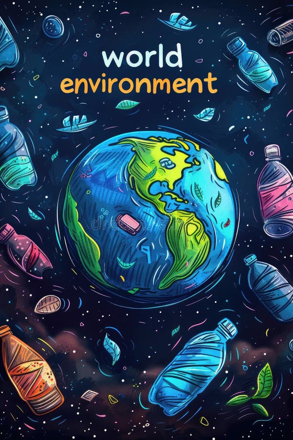 Stylized Earth with Plastic Bottles in a Space-themed Illustration ...