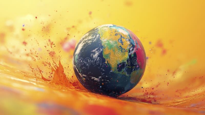 Stylized Earth Rolling in Colorful Paint Splash Stock Illustration ...