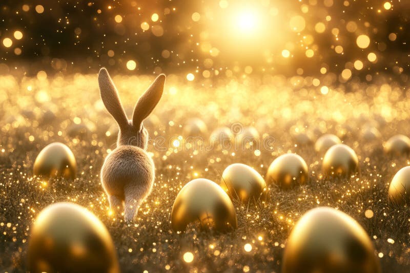 A Stylized Easter Bunny Walking through a Field of Large, Golden Eggs ...