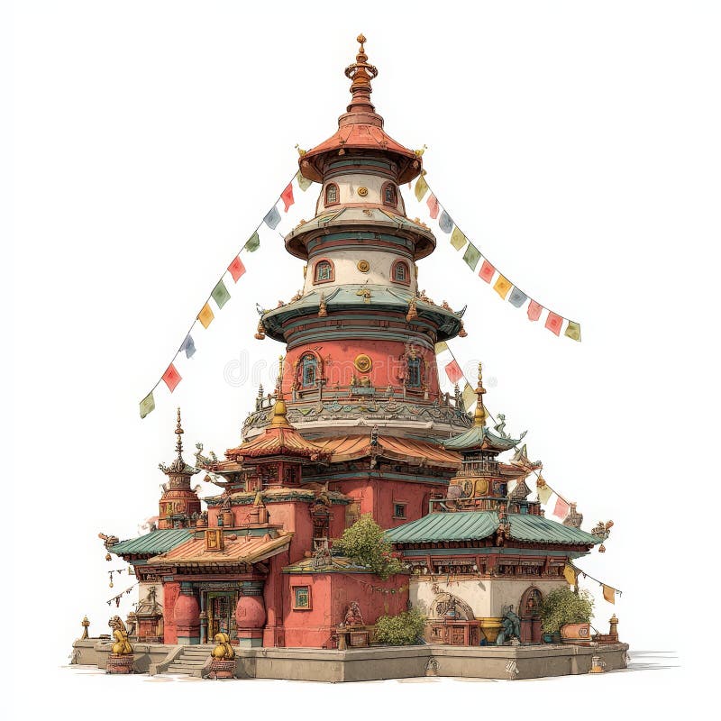 Stylized Eastern Temple Architecture with Prayer Flags Stock ...