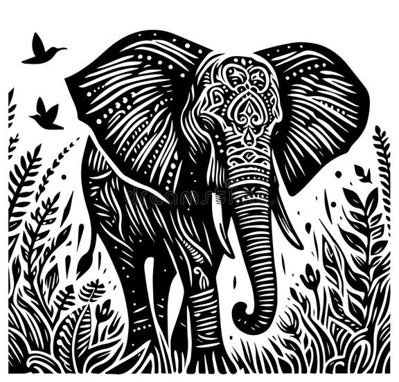 Stylized Elephant Graphic with Birds. High-contrast Image of an ...
