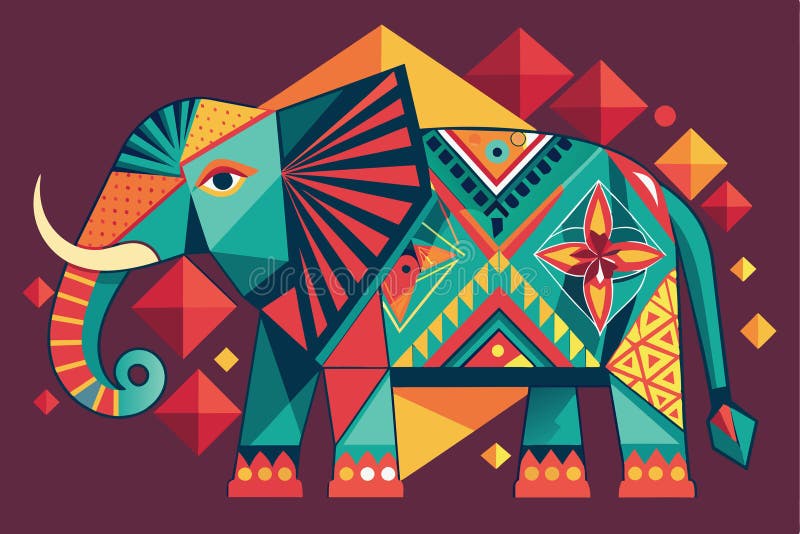 A Stylized Elephant Stands on a Bold Backdrop, Adorned with Intricate ...