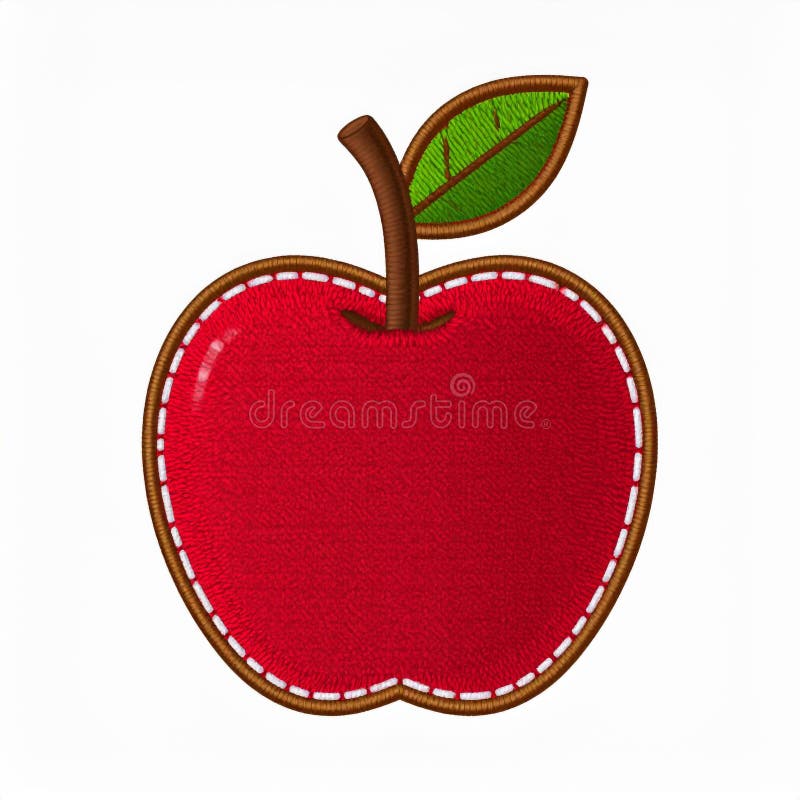 Stylized Embroidered Red Apple with Green Leaf on White Background ...