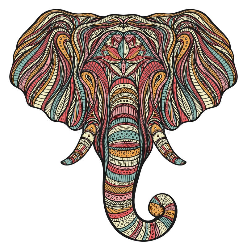 Stylized Ethnic Boho Elephant Portrait Isolated on White Background ...
